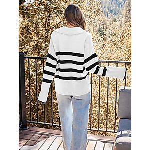 LILLUSORY Womens Striped Oversized V Neck Trendy Sweaters Long Sleeve Tops Fall Fashion Clothes Outfits 2025 White X-Large