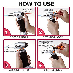 Gibot Butane Torch,Kitchen Torch Cooking Torch Creme Brulee Torch, Refillable Adjustable Flame Lighter with Safety Lock for DIY, Creme, Brulee, BBQ and Baking(Butane Gas Not Included)…