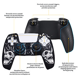 YoRHa Laser Carving Silicone Skin for PS5 Controller x 1(Skulls White) with Exclusive Thumb Grips x 8