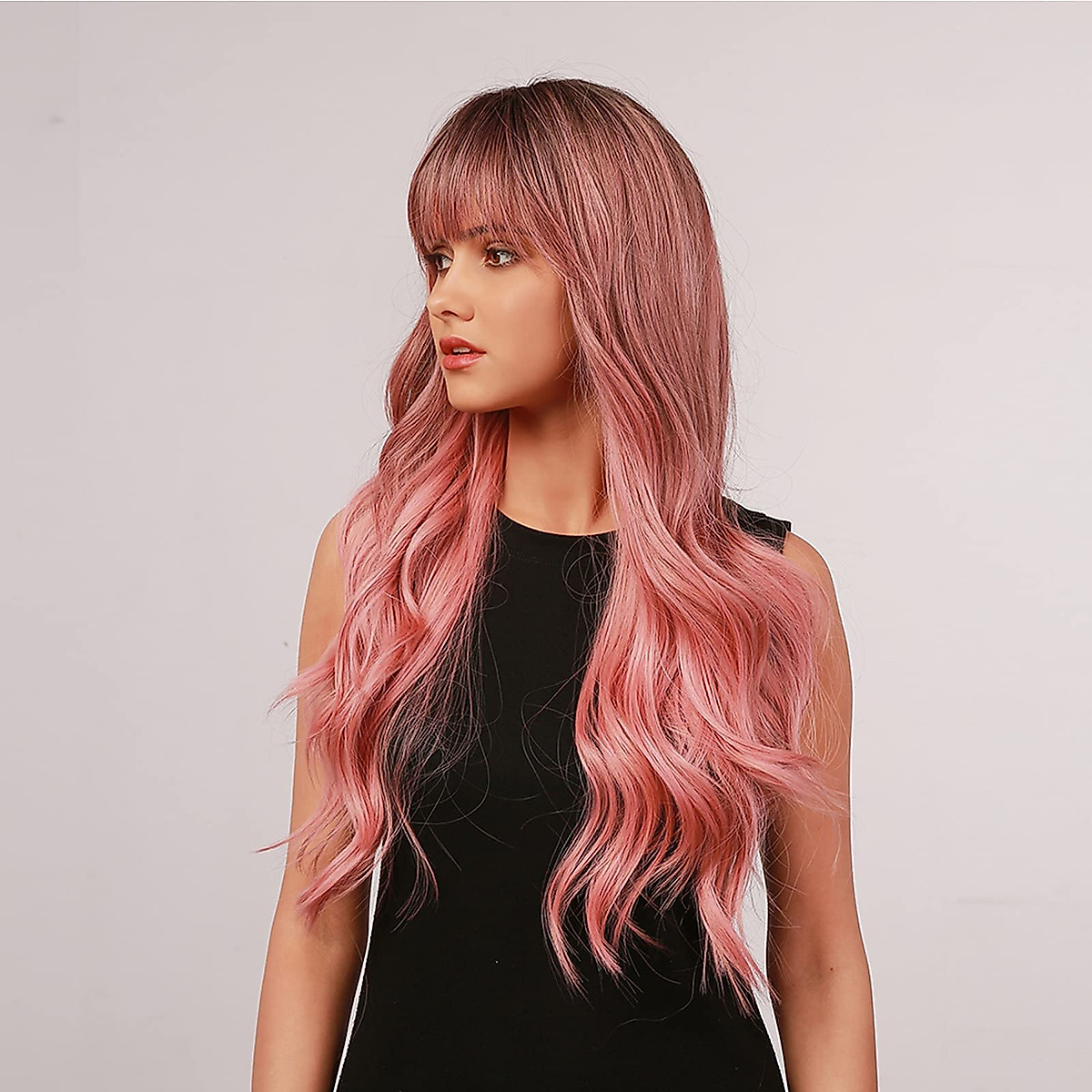 Clearance Ombre Pink Wig with Bangs 26 Inch 65cm Long Wavy Synthetic Wig Ombre Dark Root To Pink Colored Wigs for Women Heat Resistant Wigs for Daily Cosplay Party Wear Natural Looking Wig