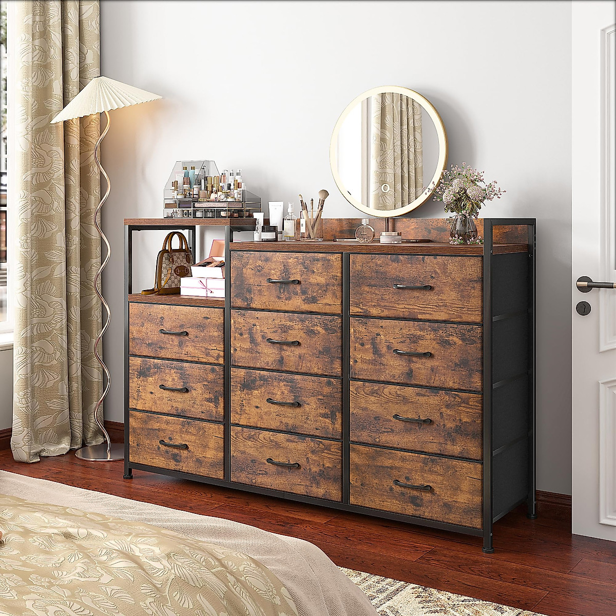 EnHomee Dresser for Bedroom with 11 Drawers Long Dresser TV Stand with Shelves Wide Dressers & Chests of Drawers Large Dresser for Bedroom Dresser, Sturdy Metal Frame, Wood Top, Rustic Brown