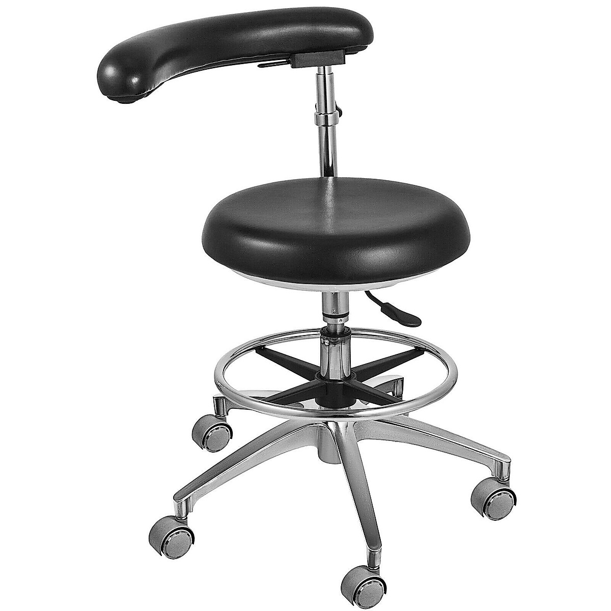 Aries Outlets Black Dental Assistant Stool 360° Rotation Armrest PU Leather Backrest Medical Office