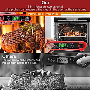 3 in 1 Digital Meat Thermometer, Instant Read Food Thermometer with 2 Detachable Wired Probe, Calibration, Alarm Function, LCD Backlight for Grilling, Cooking, BBQ, Kitchen