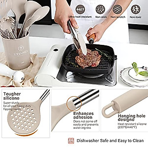 NCUE Cooking Utensils Set, 28 Pcs Silicone Kitchen Utensils Set with Holder, Silicone Whisk, Spatulas, Scissors, Measuring Cups and Spoons Set with Stainless Steel Handle Kitchen Gadgets (Khaki)