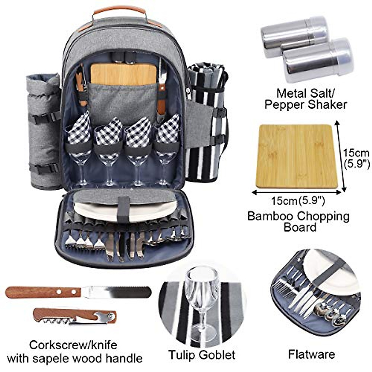 Sunflora Picnic Backpack for 4 Person with Blanket Picnic Basket Set for 2 with Insulated Cooler Wine Pouch for Family Couples (Gray)