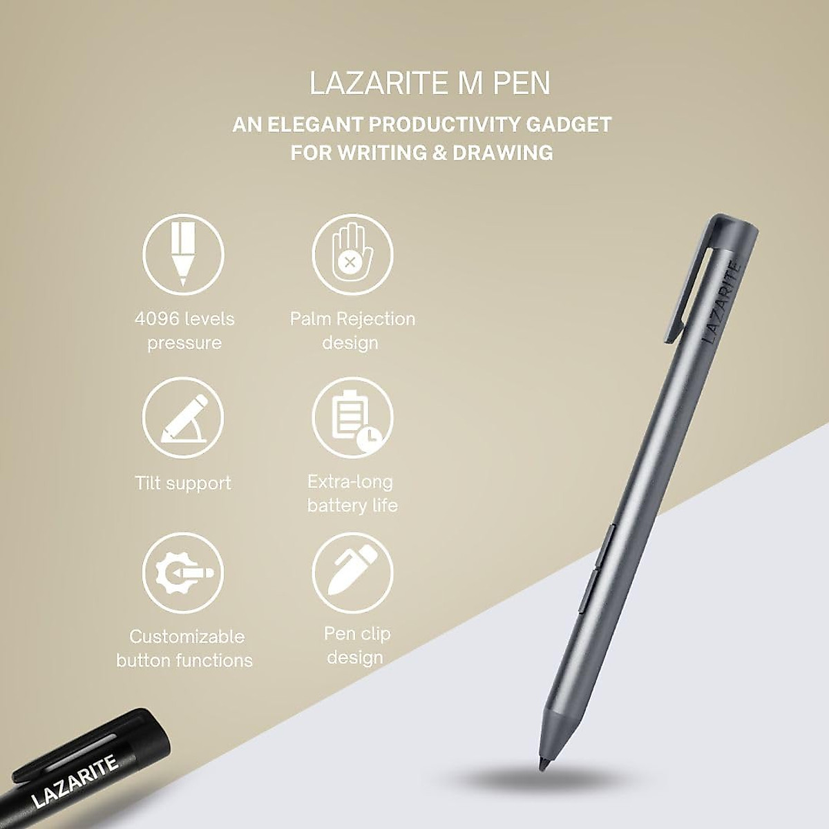 LAZARITE M Pen Grey, Active Stylus for Microsoft Surface, Lenovo Yoga 7i/9i, Flex 5, Hp Envy x360/Pavilion x360/Spectre x360, Stylus Pen with 4096 Pressure Sensitivity, Palm Rejection, Tilt Support