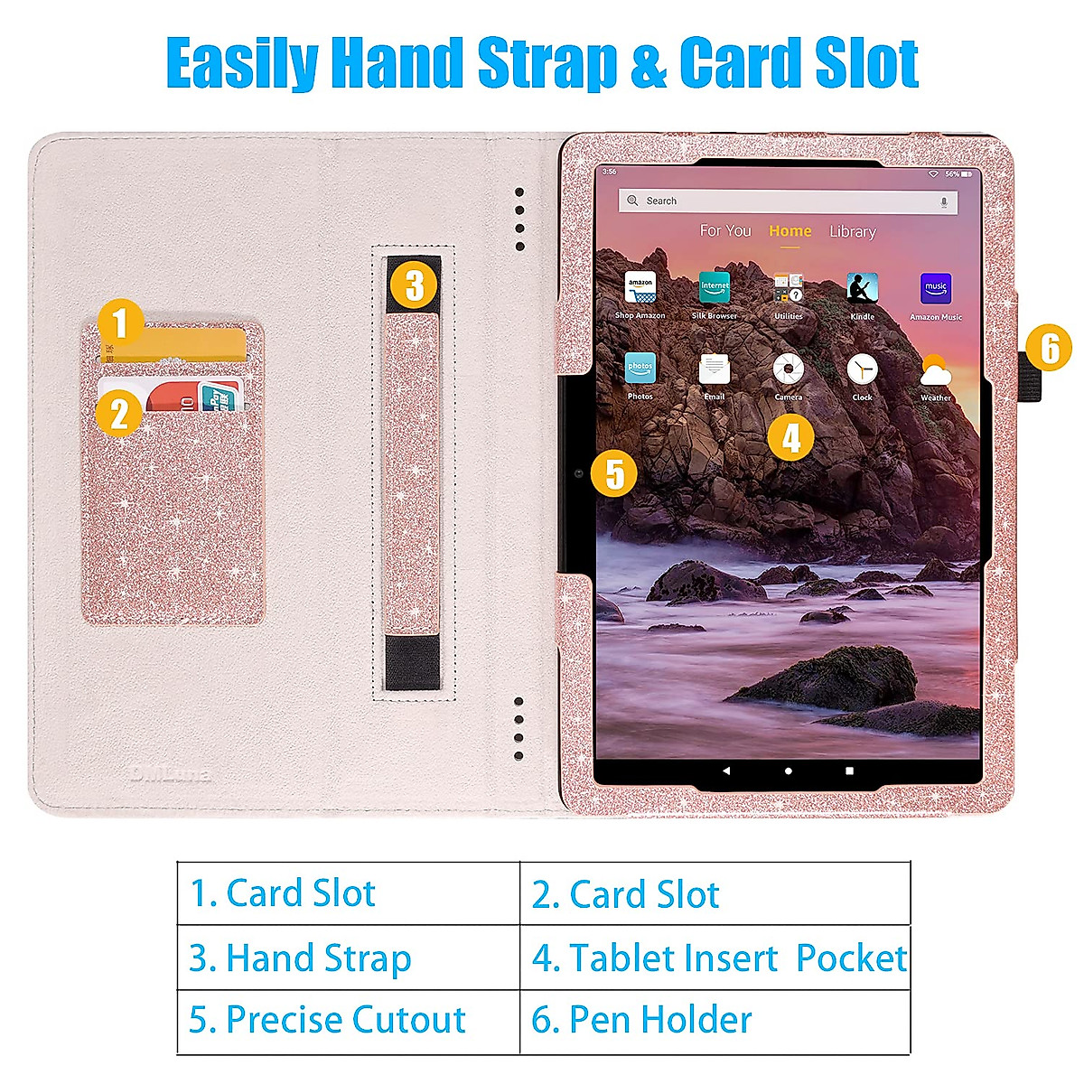 DMLuna Case for All-New Amazon Fire HD 10 & 10 Plus Tablet (13th / 11th Generation, 2023/2021 Release) 10.1", Slim Cover with Folding Stand, Auto Wake/Sleep, Hand Strap, Card Slot - Glitter Rose