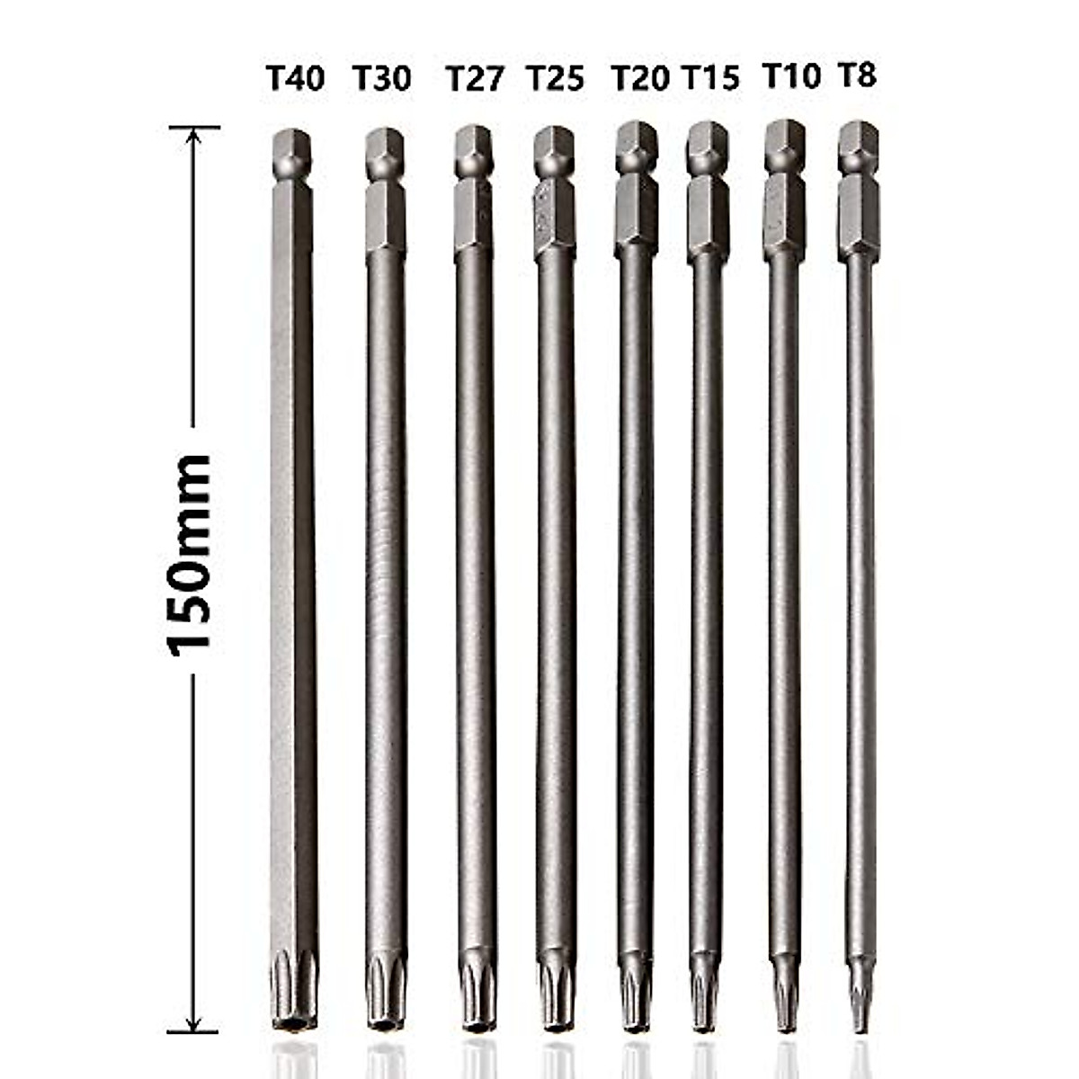 Saiper 8 Pieces 1/4 Inch Hex Shank Torx Security Head Screw Driver Bit Magnetic Star S2 Steel Screwdriver Set Bits T8-T40, 150mm/6 Inch Long