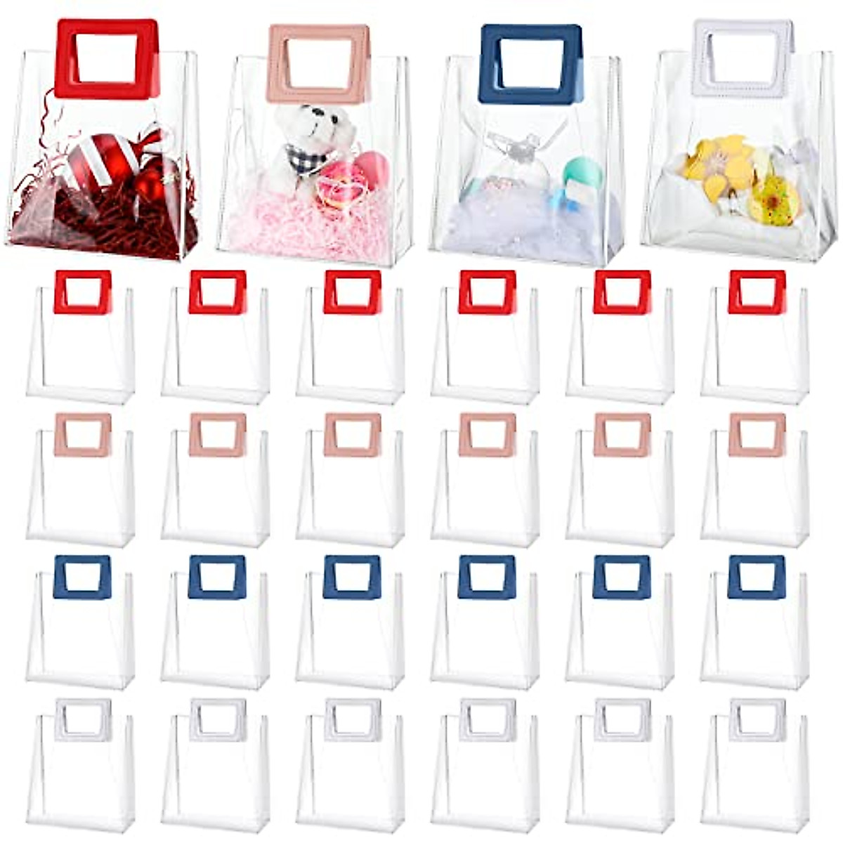 24 Pcs Clear Gift Bag with Handle, Small Transparent PVC Gift Bag Heavy Duty Bulk Tote PVC Bag Plastic Reusable Gift Wrap Bags Shopping Bags for Wedding, Bridal Baby Shower Party Favor, 7 x 4 x 8 Inch