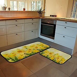Kuizee Kitchen Mat Set of 2 Pieces Anti Fatigue Rugs Yellow Daffodils Spring Butterflies Floral Soft Water Absorbent Non-Slip Standing Mats Kitchen Decor Floor,17.7"x 29" +17.7"x58"