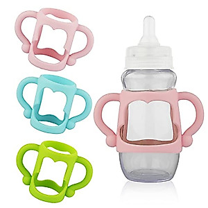 3pcs Baby Bottle Handles for Dr Brown Narrow Baby Bottles, Soft Silicone Baby Bottle Holder with Easy Grip Handles Bottle Holder for Baby Self Feeding (Pink, Green, Blue)