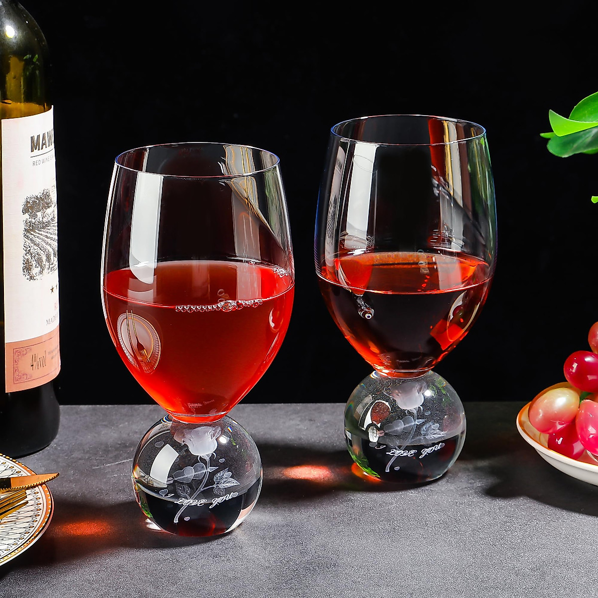 Hanjue Wine Glasses Set of 4, 16oz Red Wine Glasses, 3D Inner Carving Rose Ball Base, Lead-free Glass,Ideal for Red Wine or White Wine, Unique Design Wine Glasses