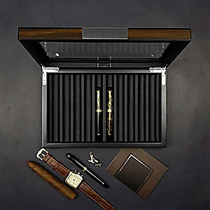 Lifomenz Co Wood Pen Display Box 10 Pen Organizer Box,Glass Pen Display Case Storage Box with Lid,Top Glass Window Pen Collection Display Case