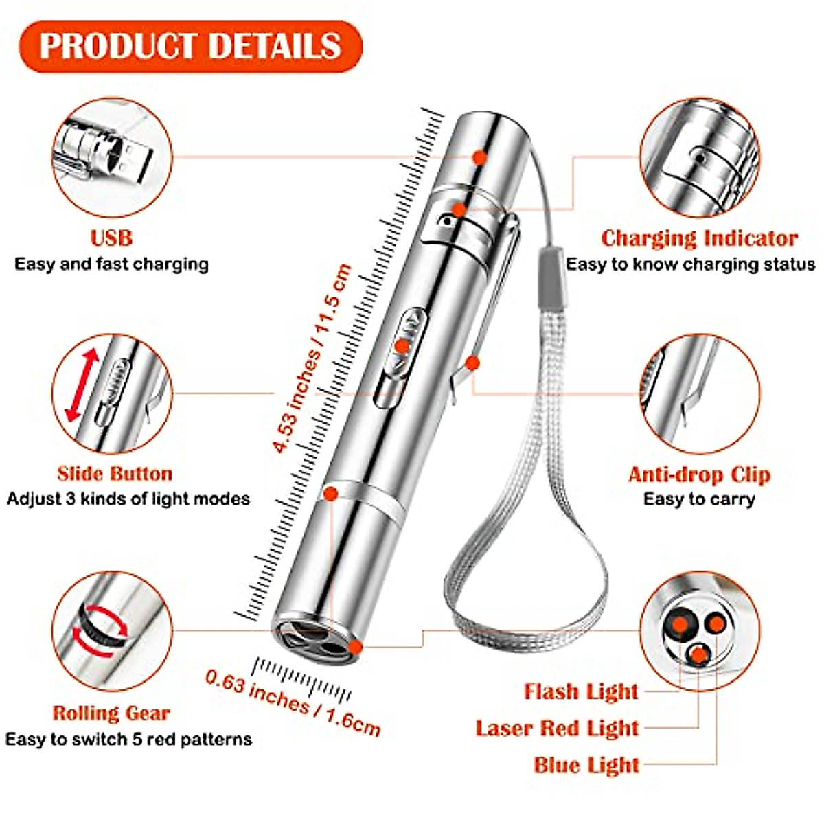 Laser Pointer for Cats Dogs, Cat Laser Toy, Interactive Cat Toys for Indoor Cats Dogs, Red Lazer Pointer Kitten Toys,Cat Laser Pointer Laser Light for Cats USB Rechargeable