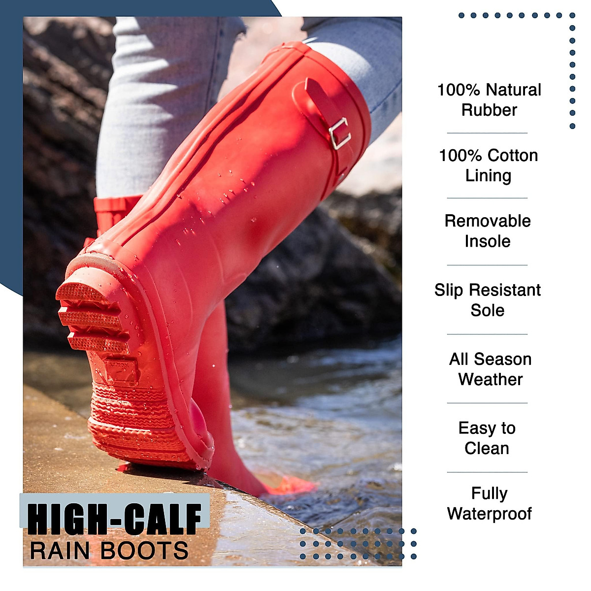 NORTY Women's Hurricane Rain Boots Knee High Calf Length - Glossy Matte Waterproof Rubber Tall Shoes - Multi Color Dot Size 9