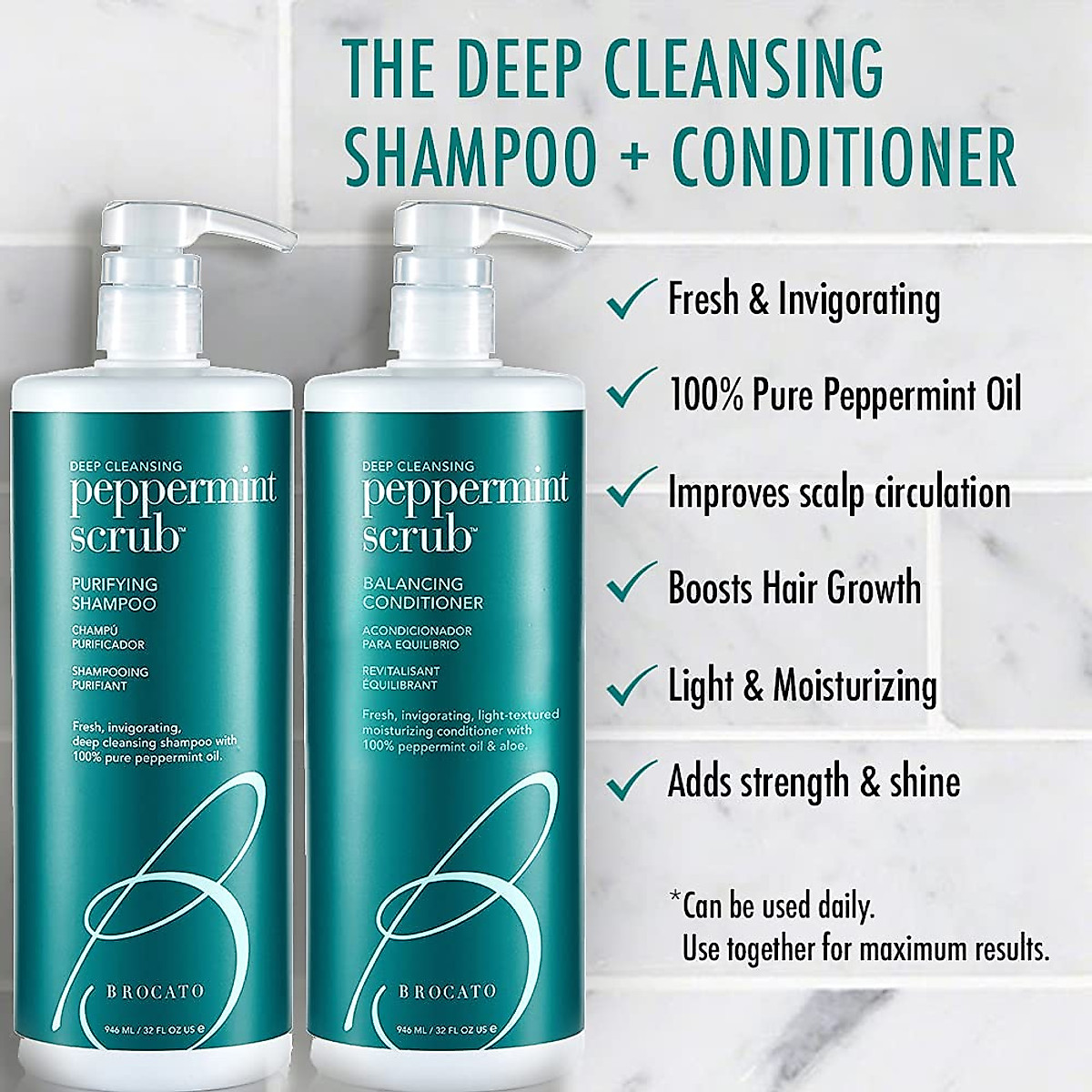 Brocato Peppermint Scrub Purifying Shampoo: Lightweight with Pure Peppermint Oil, Ideal for Oily to Normal Hair Types - Sulfate & Paraben Free, 32oz