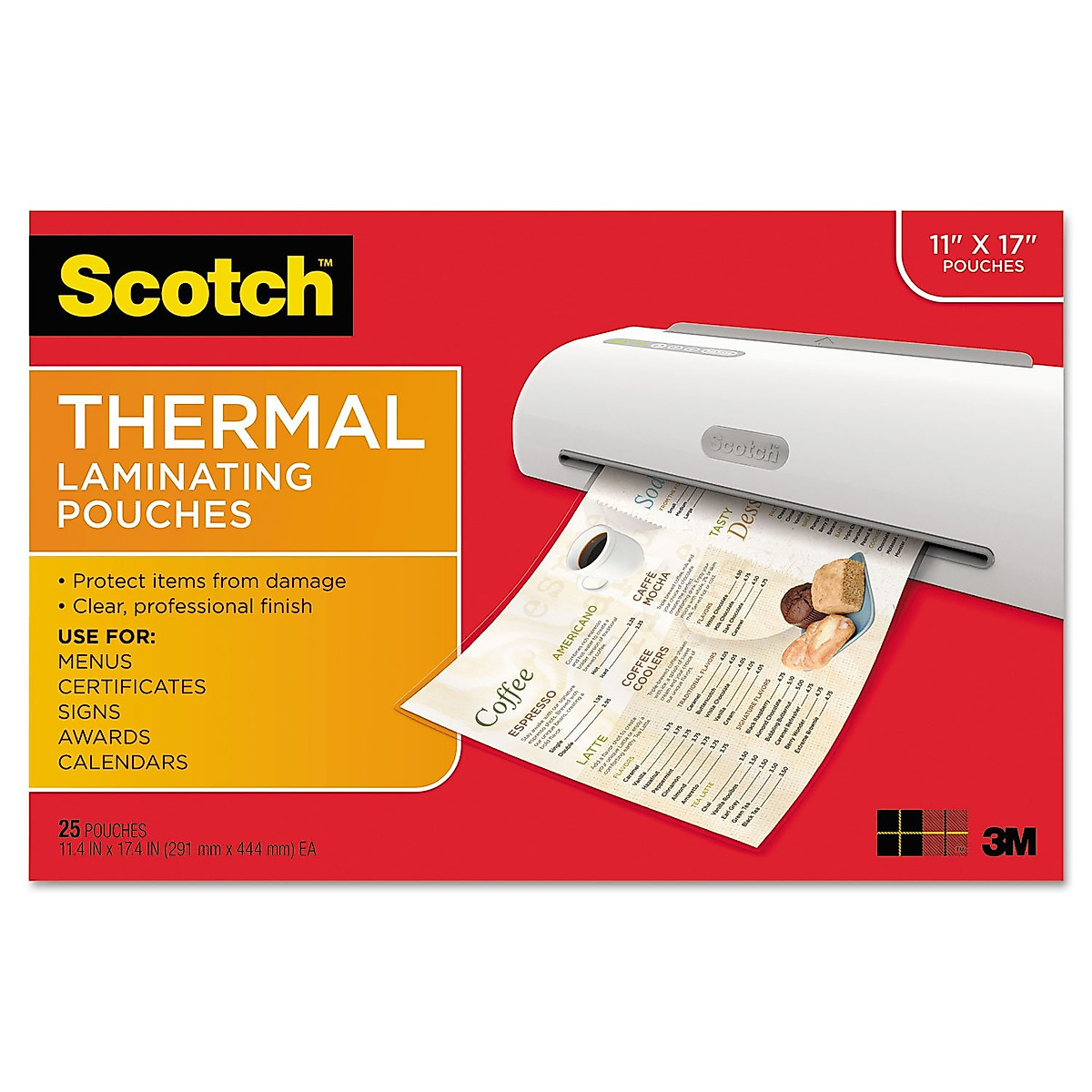 Scotch Tp385625 Menu Size Thermal Laminating Pouches, 3 Mil, 17 1/2 X 11 1/2, 25 Per Pack