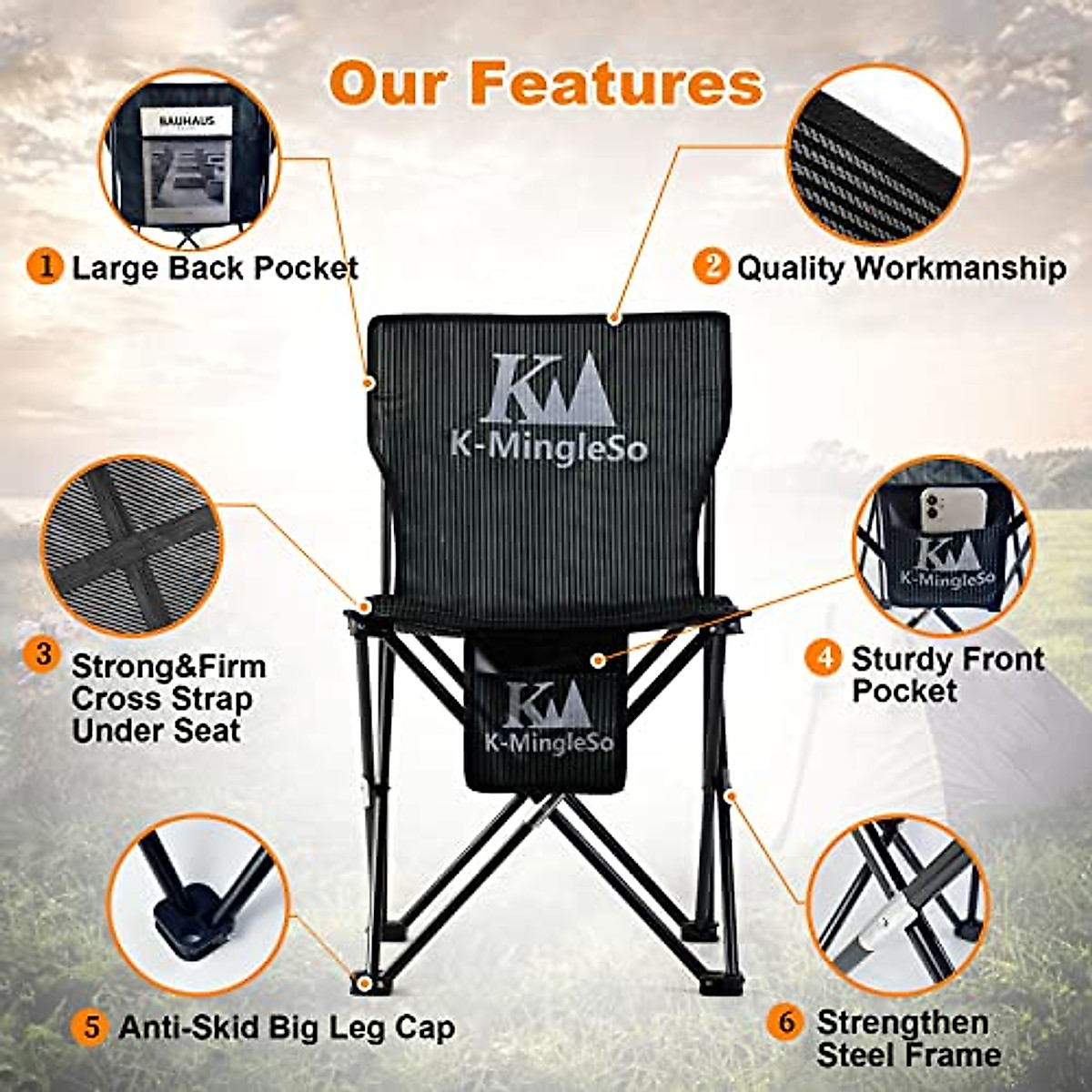 K-MingleSo Upgraded Camping Chair with Front and Large Back Pocket, Lightweight Portable Folding Chair for Fishing Hunting BBQ Travel Picnic Backpacking