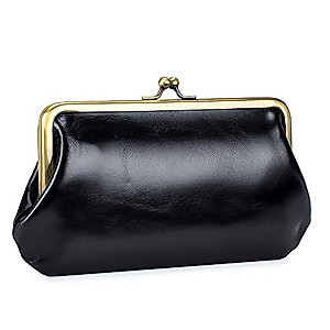 Vintage Leather Clutch Purses for Women Small Evening Bag Wallet With Kiss Lock (1-Black)