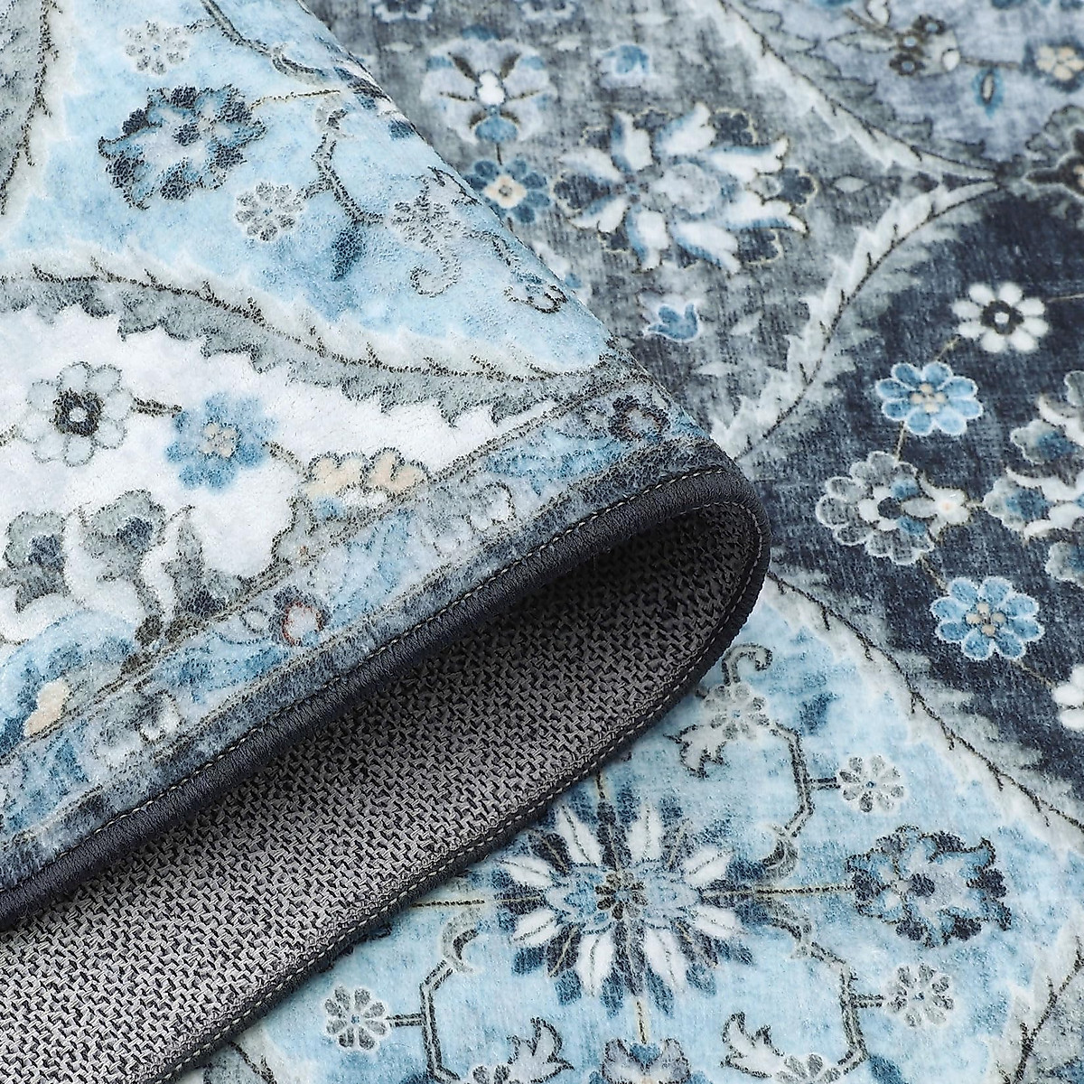 GarveeHome Washable Area Rug Moroccan Trellis Living Room Rug Non-Slip Stain Resistant Accent Rug Vintage Distressed Floral Floor Cover Carpet for Bedroom Laundry Room, 4' x 6', Blue/Grey