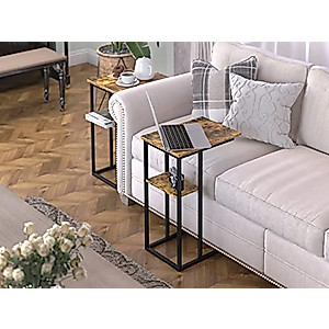 Yusong C Shaped End Table, Small Side Tables Slide Under Sofa Couch Bed, Small TV Tray Bedside Table for Small Spaces, Living Room, Bedroom, Brown