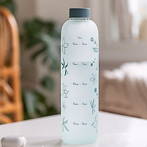 Asana Bottle 32 oz Glass Water Bottle with Time Marker, BPA Free Borosilicate Glass, Premium Leakproof Reusable Water Bottle with Times to Drink (Sage Serenity)