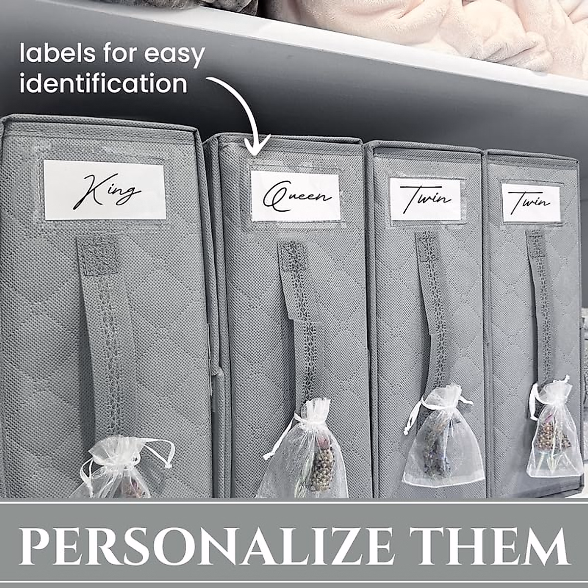 4 Pack Closet Organizers and Storage with 4 Sachet Bags, Sheet Organizers, Foldable Linen Closet Organizers and Storage, Sheet Organizer w/Label Windows, XL Bed Sheet Organizer for Linen Closet