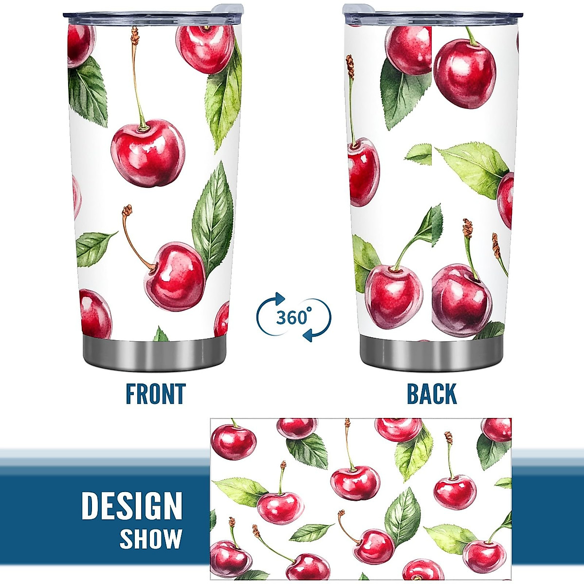 QWEUIOP 20oz Insulated Travel Coffee Mug Cherry Green Leaf Pattern Stainless Steel Tumbler with Lid Double Wall Vacuum Coffee Cup For Hot and Cold Drinks14116