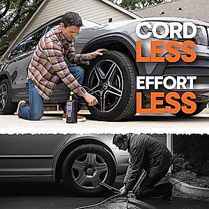 OlarHike Portable Tire Inflator - Air Compressor for Car Tires with Automatic Shutoff - 120 psi Digital Pressure Gauge and Emergency LED Light - Cordless and Compact Automotive Pump - Black and Orange