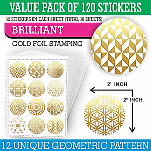 PARTH IMPEX Decorative Gold Stickers Envelope Seals - (Pack of 120) 2" Large Round Labels for Christmas Happy Holidays New Year Birthday Cards - Geometric Pattern
