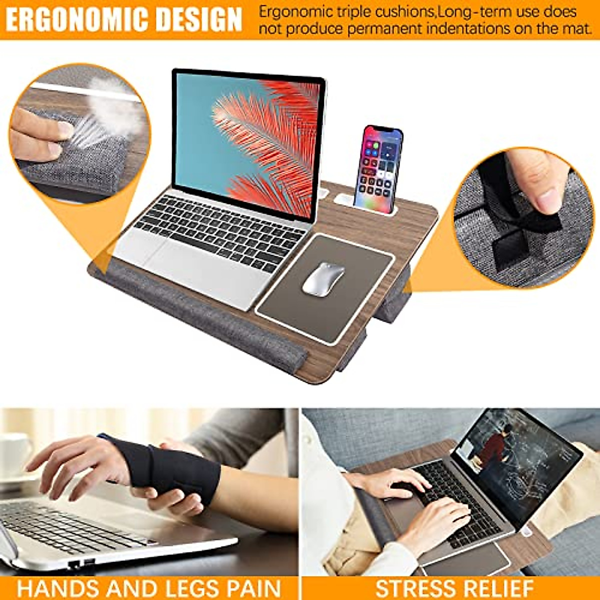 Lap Laptop Desk-Fits Up to 17.3 Inch Foldable Laptop Bed Tray Table with Adjustable Dual Cushion,Portable Wood Laptop Stand for Sofa Bed,Laptop Desk with Multifunctional Slot（Coffee Color）