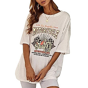 SAFRISIOR Women Vintage Motorcycle Print Graphic T-Shirt Short Sleeve Round Neck Casual Oversized Tee Shirt Top White