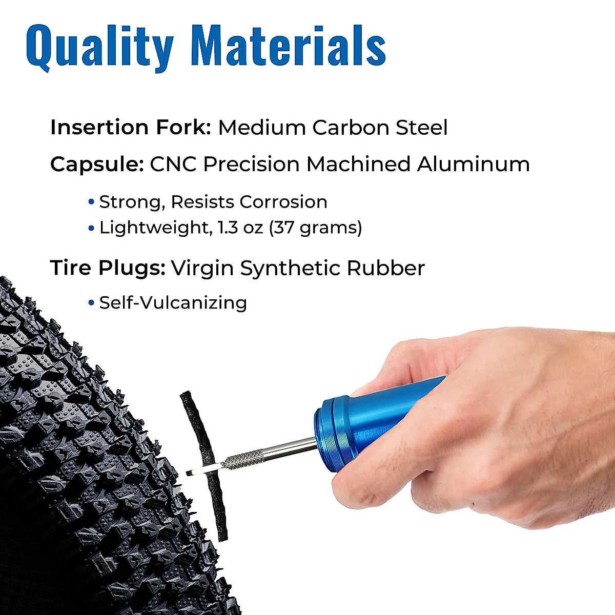 Tirellix Tubeless Bicycle Tire Repair Kit (Blue), Includes 5 (1/8") 3.5mm Plugs to Repair Mountain & Road Bike, Fix Flat for MTB, Car or ATV, Plus Storage Capsule Grip Extender