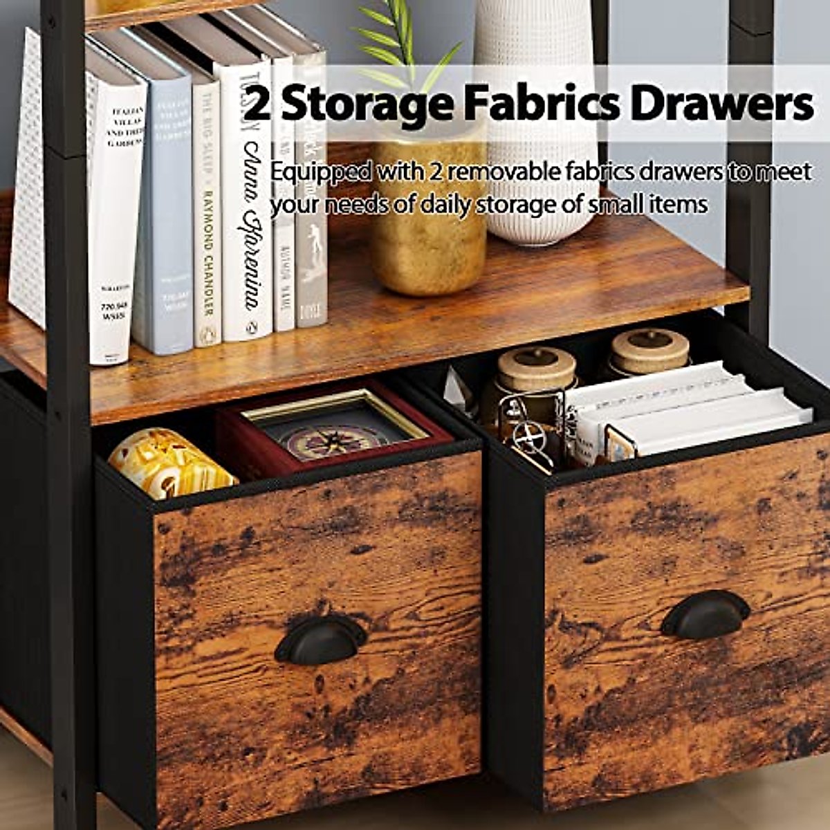 Furologee 6-Tier Bookshelf and Nightstand Set, Tall Bookcase and Rustic End Table with Fabric Drawers, Metal Frame, Rustic Brwon
