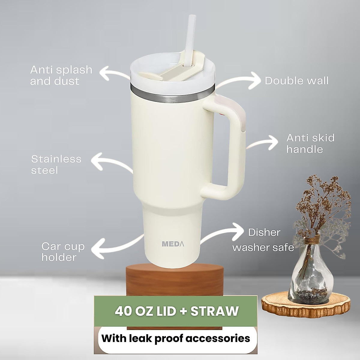 Tumbler with Lid & Straw 40oz | Leak Proof ,Insulated, Reusable Travel Coffee Mug Stainless Steel | Includes Tumbler Accessories Straw Cover + Silicone Boot for Water,Iced Tea,Coffee (Cream, 40oz)