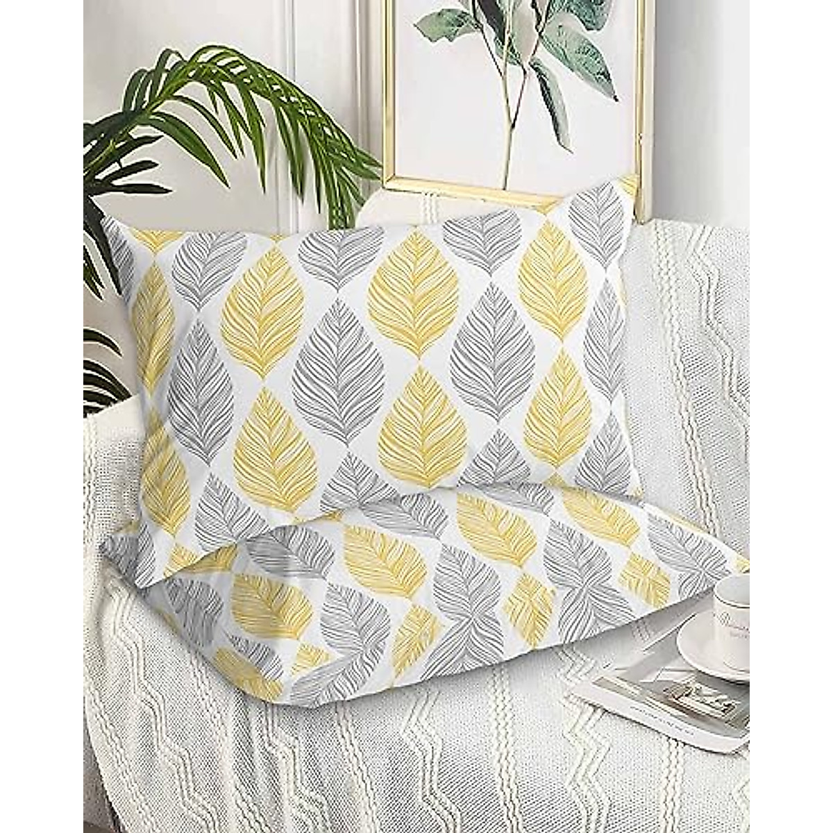 Edwiinsa Yellwo Grey Leaves Pillow Covers Standard Size Set of 2 20x26 Bed Pillow, Summer Tropical Plant Aesthetics Plush Soft Comfort for Hair/Skin Cooling Pillowcases with Envelop Closure