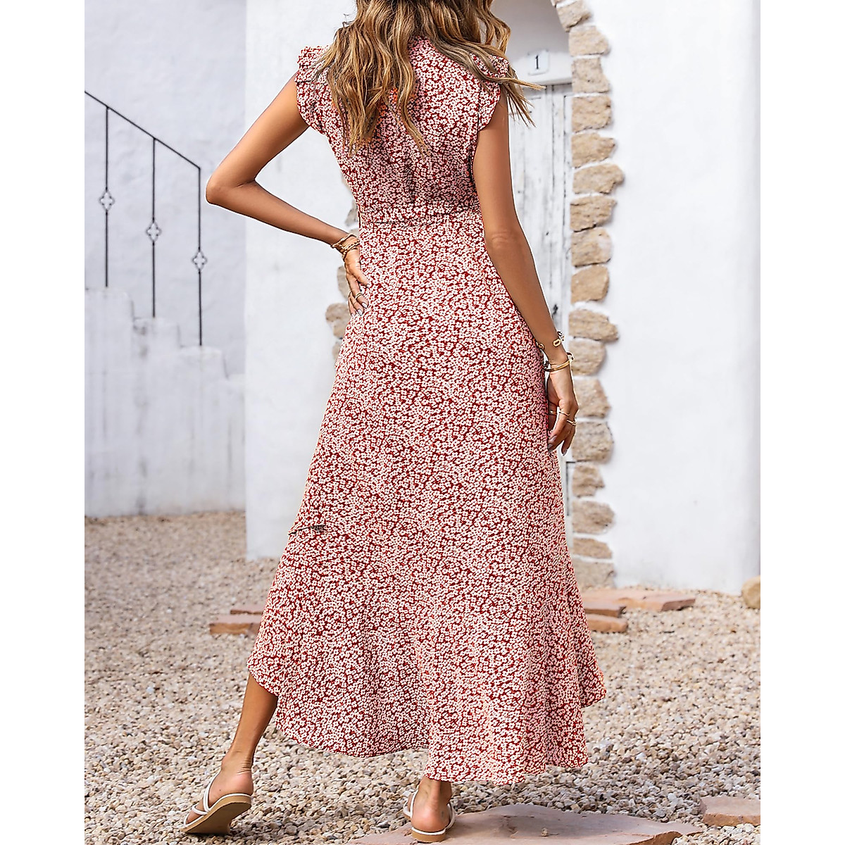 BTFBM Summer Floral Maxi Dress for Women 2025 Vacation Ruffle Sleeve V Neck Belt Wrap Spring Beach Wedding Guest Dresses(Floral Print Red, X-Large)