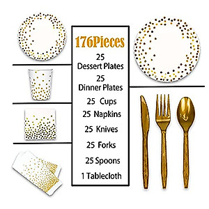 176 Pieces Gold Disposable Party Dinnerware Set &Golden Dot Disposable Party Dinnerware - Black Paper Plates Napkins Cups, Gold Plastic Forks Knives Spoons