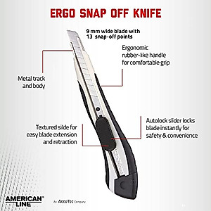 American Line 13-Point 9mm Retractable Snap-Off Knife with Auto-Locking Slider and Ergonomic Handle - Includes 3 Heavy-Duty Blades - 66-0395