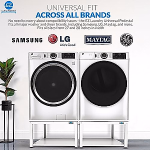 EZ Laundry | Upgraded 28” Universal Pedestal – 700lbs Capacity, Raises 16” with Built-in Drain Pan + Hose, Adjustable Feet, Anti-Vibration & Storage Shelf fits 27" or 28" Washer & Dryer (White)