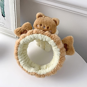 Eluckya Kawaii Spa Headband,Cute Bear Headband for Women Skin Care, Makeup and Wash - Soft Microfiber Coral Fleece Towel Headband for Girls Hair(Brown,Bear