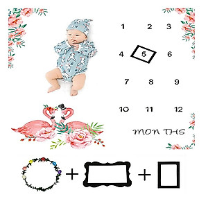 Baby Monthly Milestone Blanket Newborn Girls Pink Flamingo Floral Photo Props Shoots Nursery Decor Flower Backdrop Photography Growing Infants Swaddle Blanket with Wreath Frames
