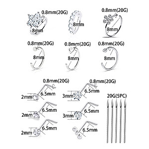Heienngy 20G Nose Rings Piercing Kit Surgical Stainless Steel Nose Piercing Kit Nose Rings Hoop L Shape Nose Rings Studs 20 Gauge Piercing Needles For Women Men Body Piercing Jewelry Retianer,Silver