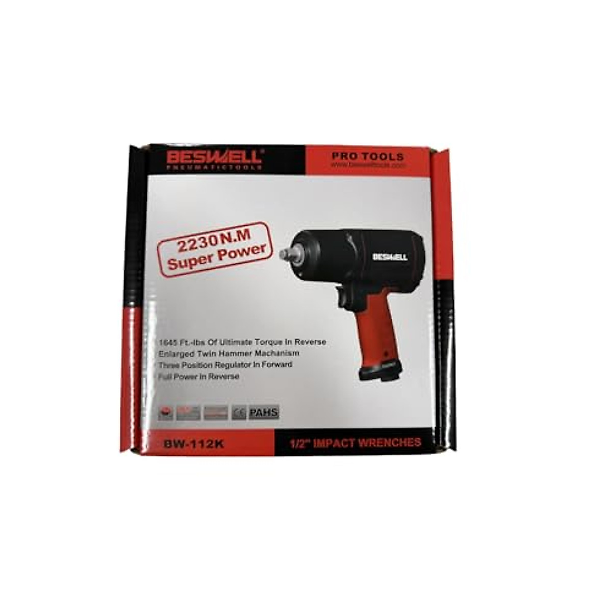 BESWELL BW-112K-1645 Ft.lbs Max Loosen Torque 1/2" Heavy Duty Twin Hammer Air Impact Wrench,Pneumatic Impact Gun,For Truck Tire,Auto garage,Tire shop