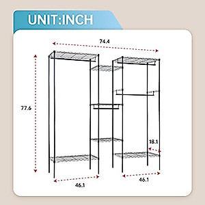 Garment Rack Metal Clothes Rack Large Armoire Storage Portable Closet Shelves Wire Clothing Rack Multiple Assembly Methods with 4 Hanger Rod 4 Large Shelves 3 Small Shelves, Max Load 830 LBS, Black