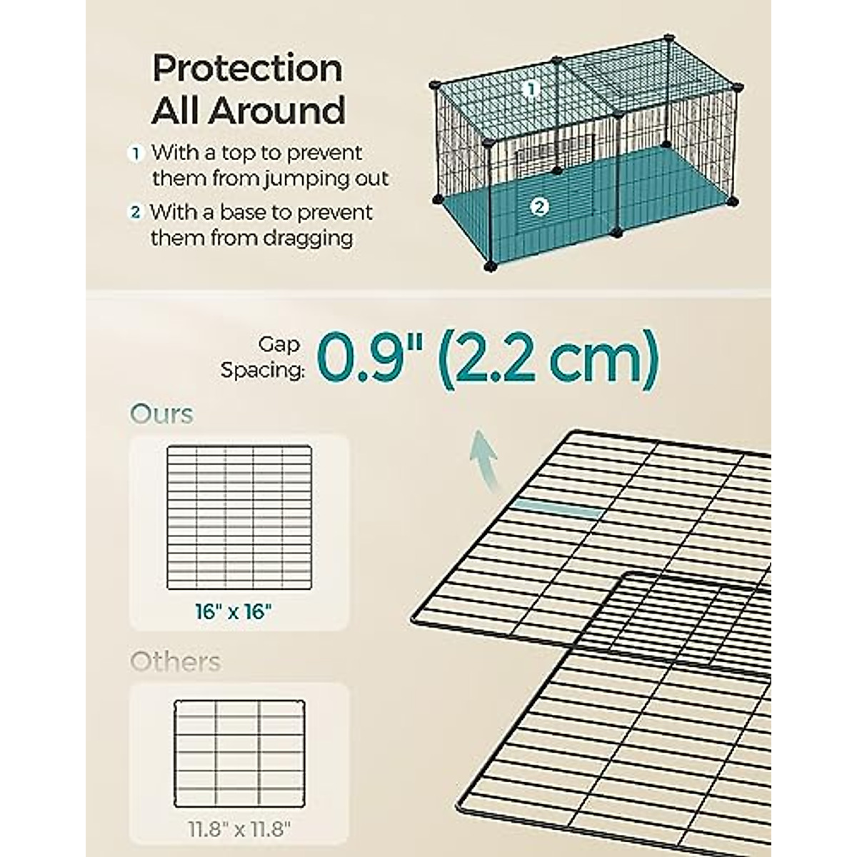 SONGMICS Small Animal Playpen, Pet Cage with Top and Base, 2 Doors, Easy to Clean, Metal Wire Guinea Pig Pen for Hamsters, Hedgehogs, L, 32.5 x 16 x 16 Inches, Black ULPI009B01
