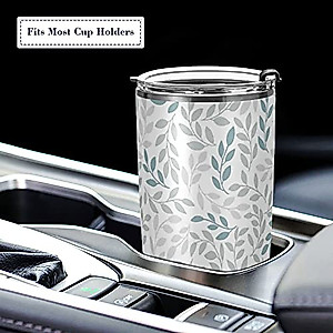 Blue Gray Leaves Branches Stainless Tumbler Insulated Coffee Cups with Lid and Straw Travel Mug for Hot and Cold Drinks 20oz