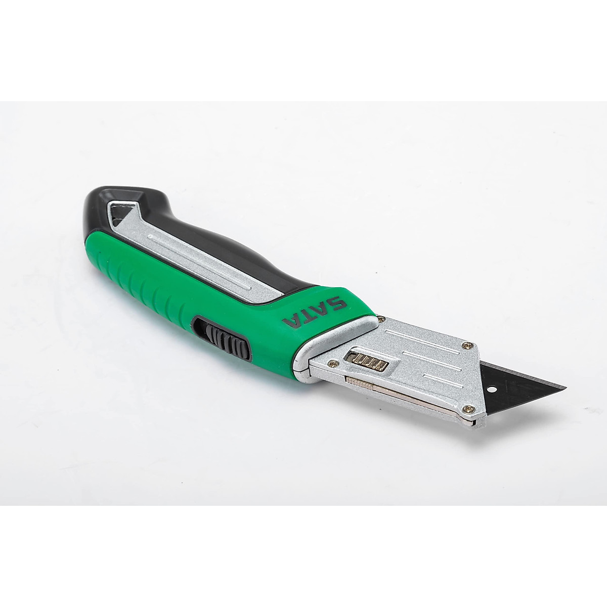SATA T-Series Folding Utility Knife with Easy-Access Blade Storage in the Body and a Green Dual Material Handle - ST93486