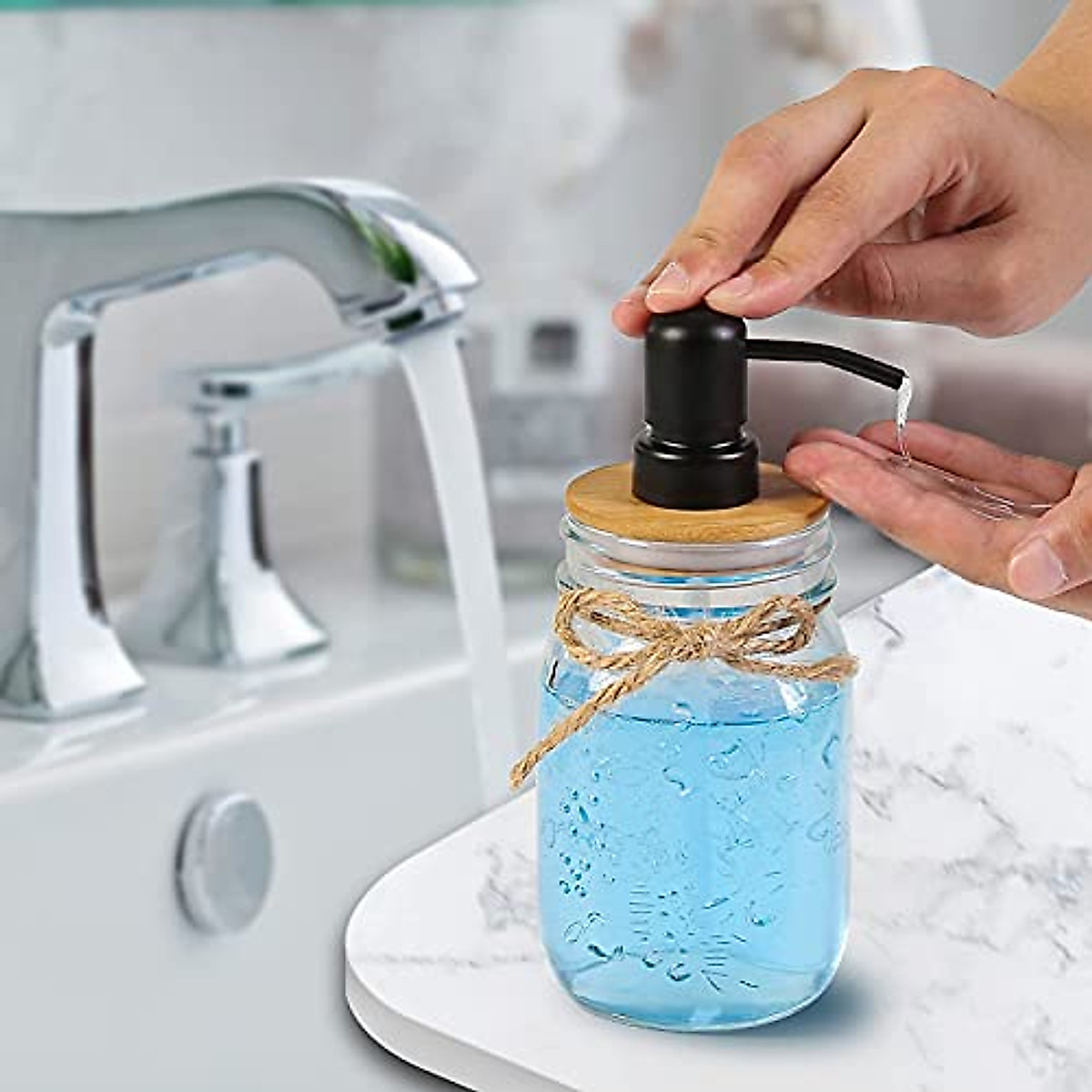 Bathroom Accessories Set 4 Pcs,Soap Dispenser,Toothbrush Holder, 2 Qtip Apothecary Jars with Bamboo Lid for Rustic Farmhouse Bathroom Decor, Makeup Organizer, Boho Countertop Storage (Glasss/Bomboo