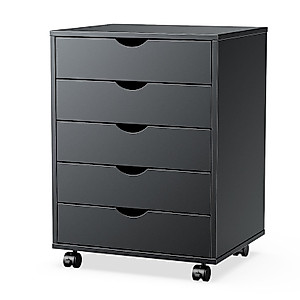 Sweetcrispy 5 Drawer Chest- Dressers Storage Cabinets Wooden Dresser Mobile Cabinet with Wheels Room Organizer Rolling Small Drawers Wood Organization Furniture for Office, Home, Black